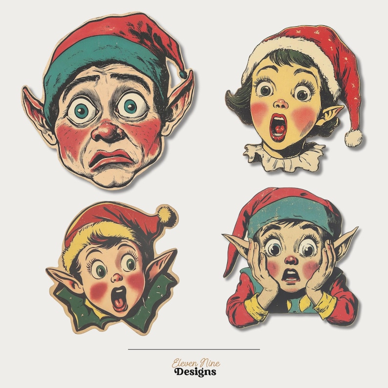 Vintage Christmas Elf Faces PNG Clipart, Elf Doll Heads Graphics, Retro ...