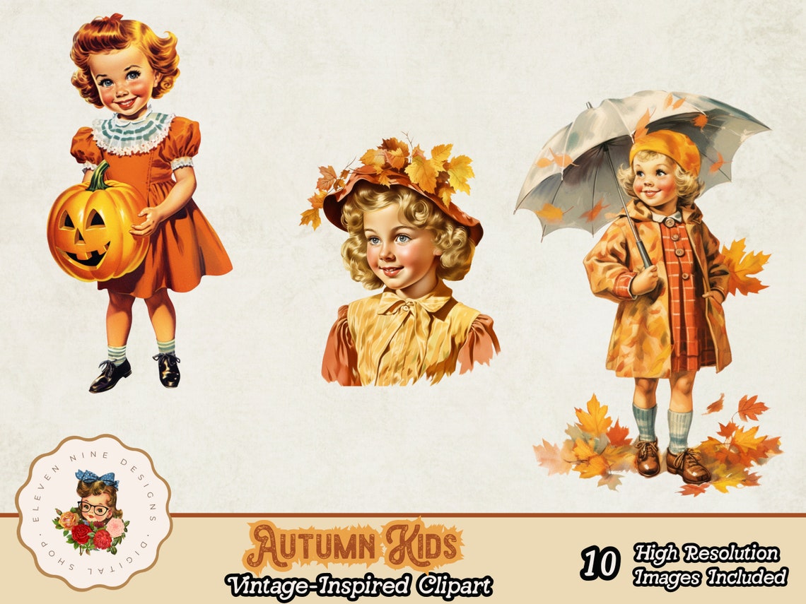 Retro 1950s Clipart, Halloween Autumn Fall Kids PNG, Commercial Use for ...