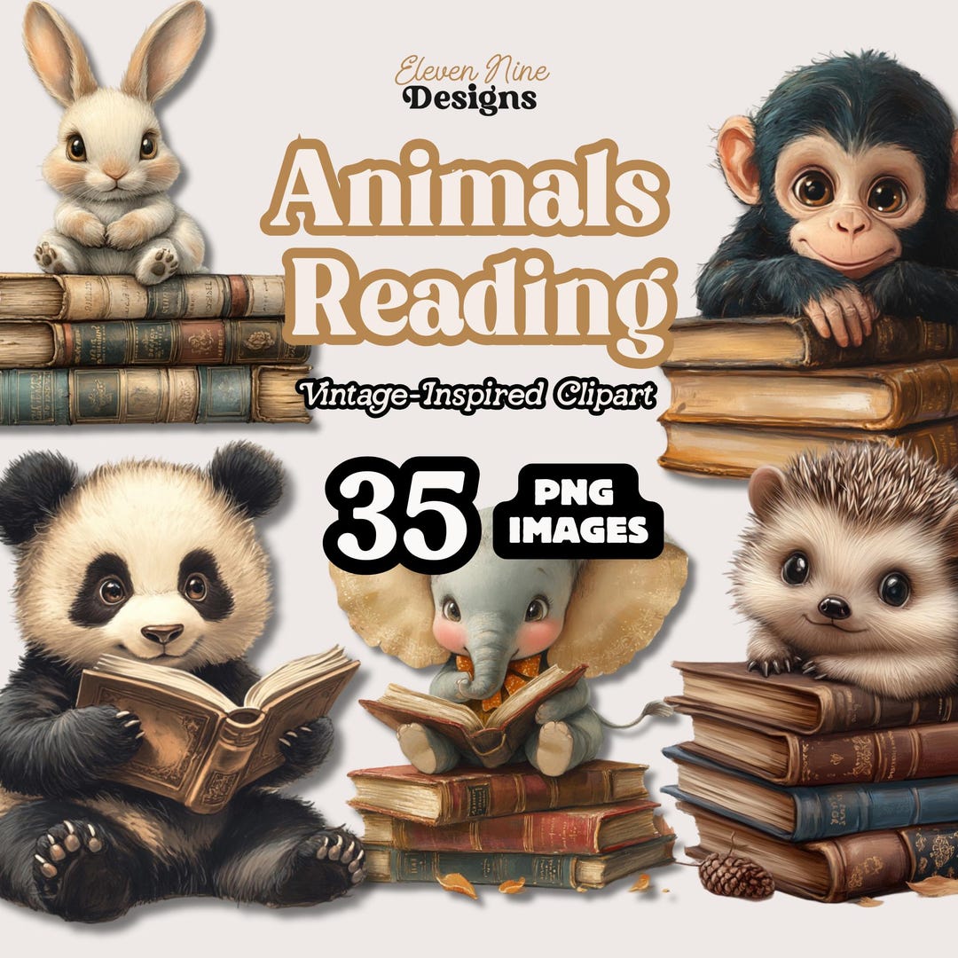 Adorable Animal Readers Clipart, Cute Reading Animals PNG, Digital Book ...