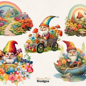 Rainbow Gnomes Clipart, Cute Gnome PNG, Rainbow Clipart, Floral and ...