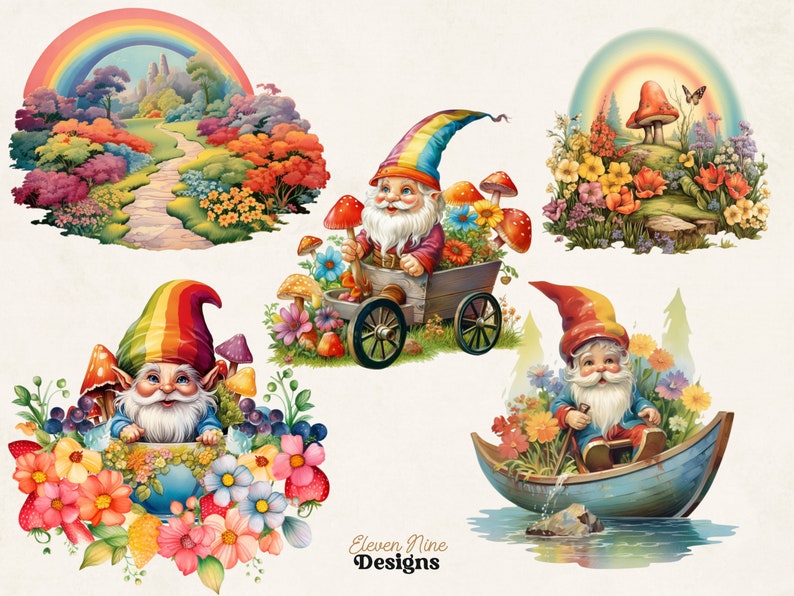 Rainbow Gnomes Clipart, Cute Gnome PNG, Rainbow Clipart, Floral and ...