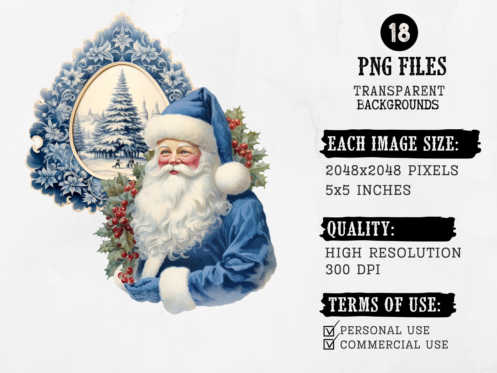 Blue Christmas Clipart, Vintage Blue Christmas PNG, Blue Winter Clipart ...