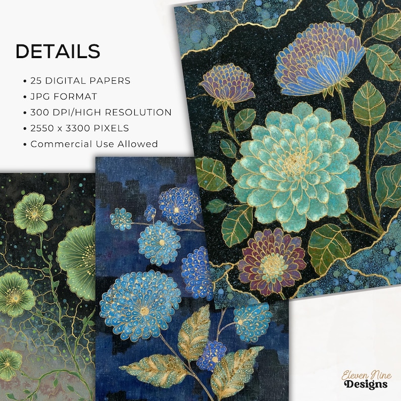 Blue Green Floral Digital Paper | Stained Glass Wildflowers Scrapbook ...