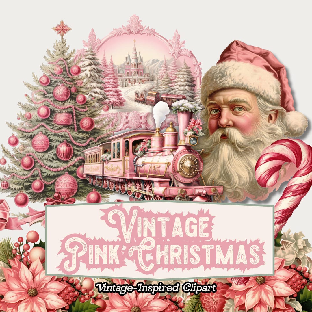 Pink Christmas Clipart, Vintage Pink Christmas PNG, Pink Winter Clipart ...