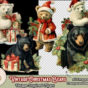 Christmas Bear Clipart, Teddy Bear PNG, Vintage Christmas Clipart, Cute ...