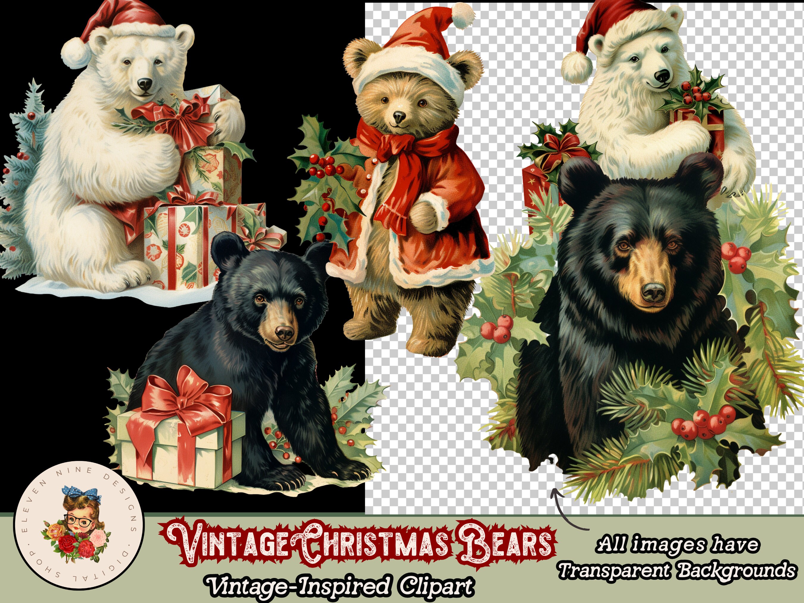 Christmas Bear Clipart, Teddy Bear PNG, Vintage Christmas Clipart, Cute ...