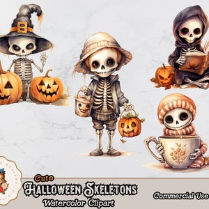 Watercolor Halloween Skeletons Clipart, Cute Halloween Clipart ...