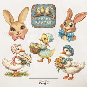 Retro Easter Clipart | PNG Vintage Easter Images | Cute Bunnies, Chicks ...
