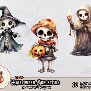 Watercolor Halloween Skeletons Clipart, Cute Halloween Clipart ...