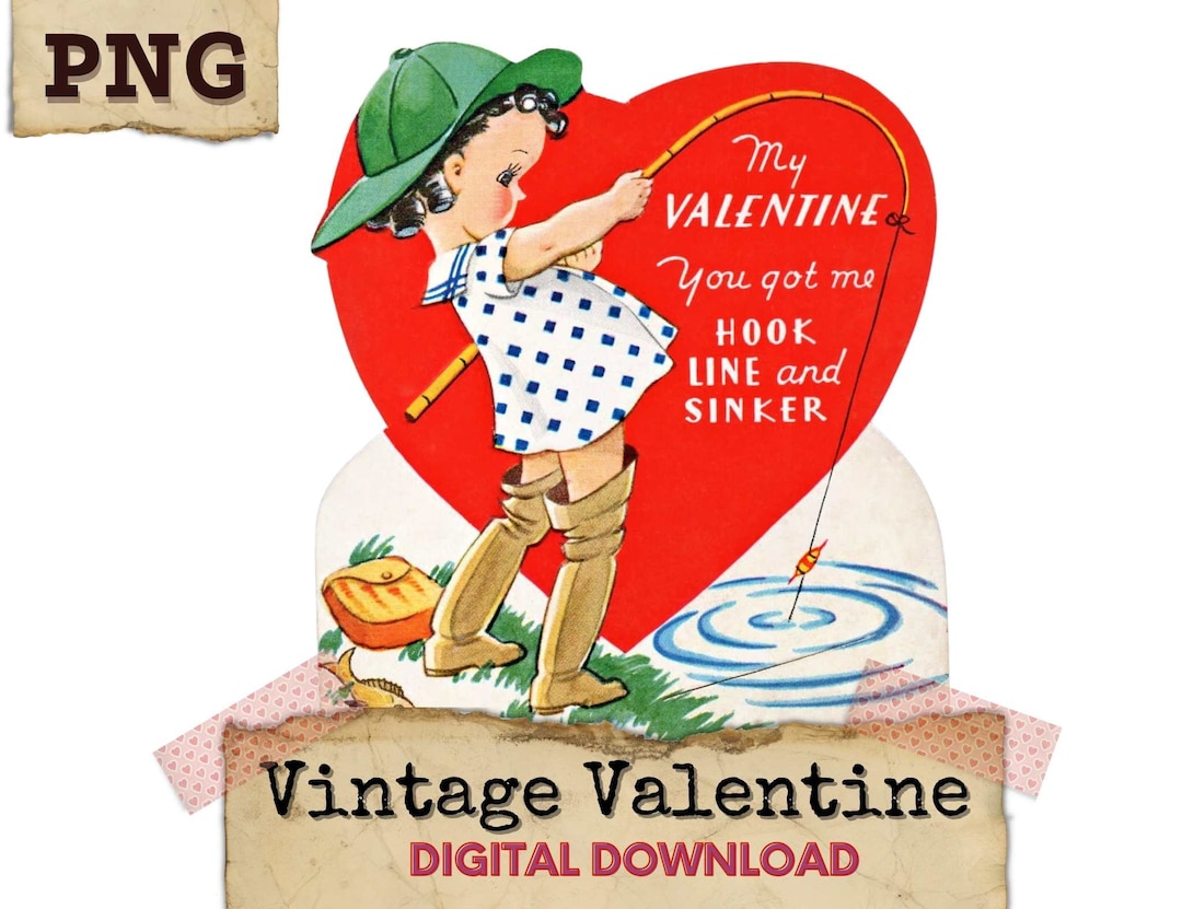 Vintage Valentines Clipart, Retro Valentines, Fishing PNG, Retro ...