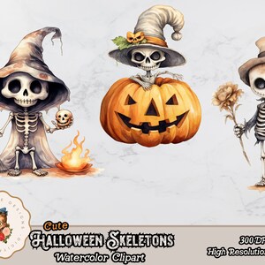Watercolor Halloween Skeletons Clipart, Cute Halloween Clipart ...
