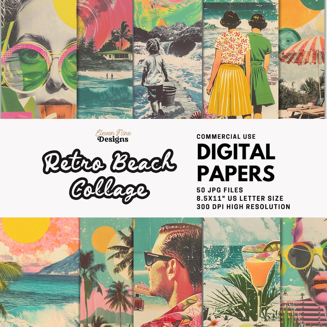 Retro Beach Digital Paper | Vintage Summer Collage Art, 1950s Photos ...