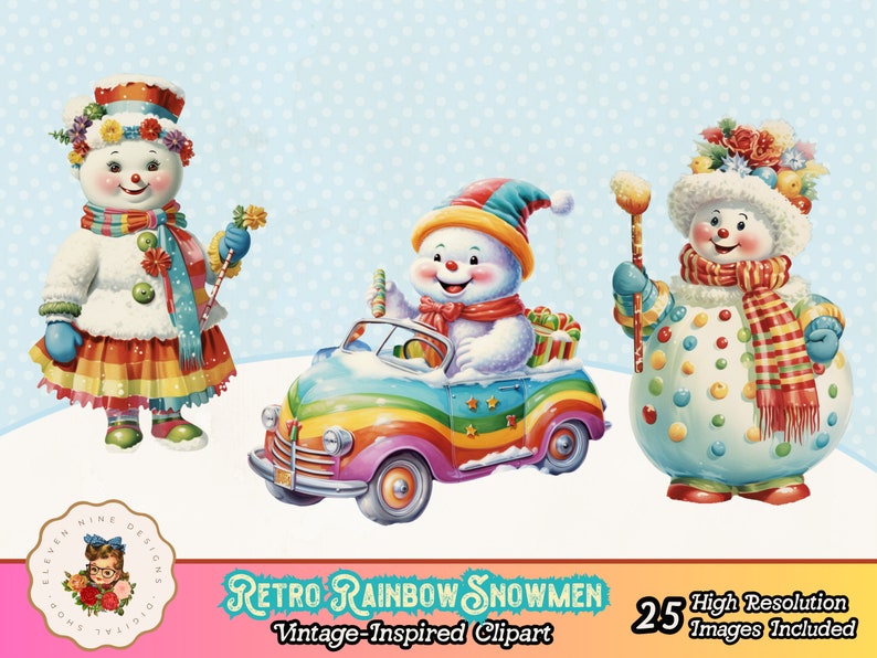 Snowmen Digital Clipart, Cute Rainbow Snowmen Clipart PNG, Retro ...