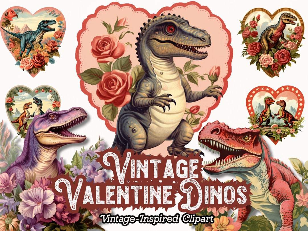 Dinosaur Valentine Clipart PNG, Vintage Dinosaur Clipart, T-rex PNG ...