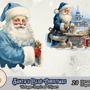 Blue Christmas Clipart, Vintage Blue Santa Christmas PNG, Blue Winter ...