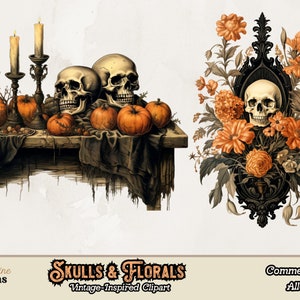 Floral Skull PNG Clipart, Orange Flowers Halloween Clipart, Gothic ...