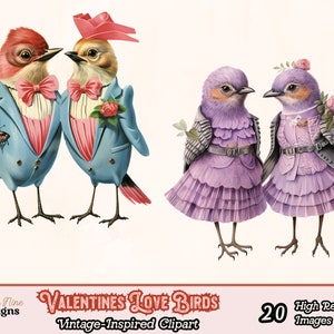 Love Birds Valentine Clipart, Vintage Valentine's Day Birds, Cute Love ...