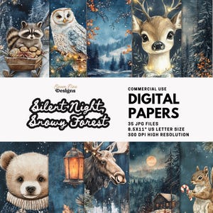 Silent Night Snowy Forest Digital Paper, Woodland Blue Christmas ...