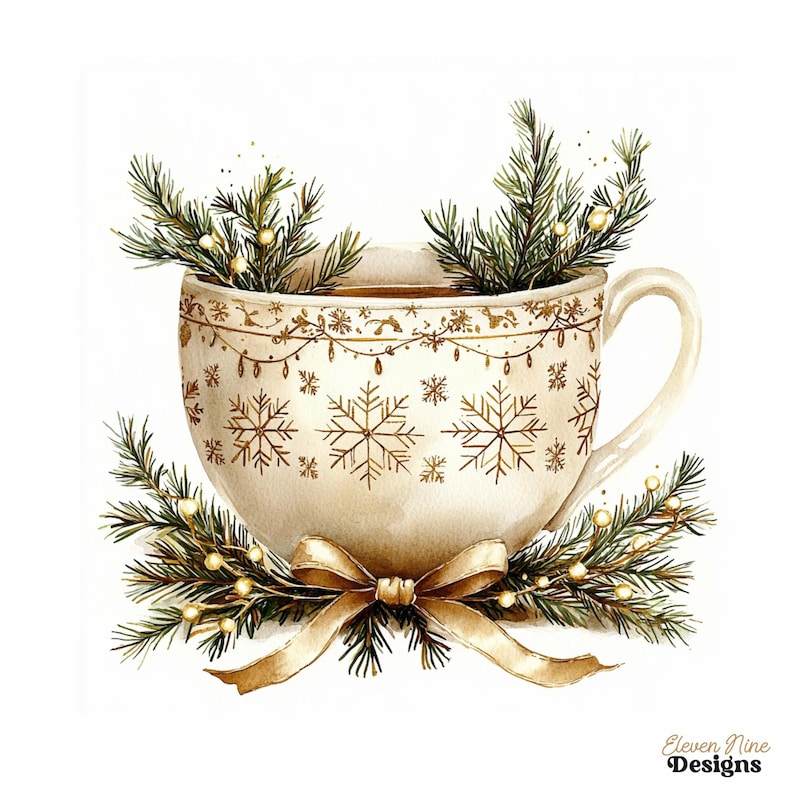 Christmas Teacup JPG Clipart, Watercolor Holiday Teacups, Vintage ...