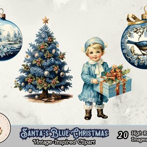 Blue Christmas Clipart, Vintage Blue Santa Christmas PNG, Blue Winter ...