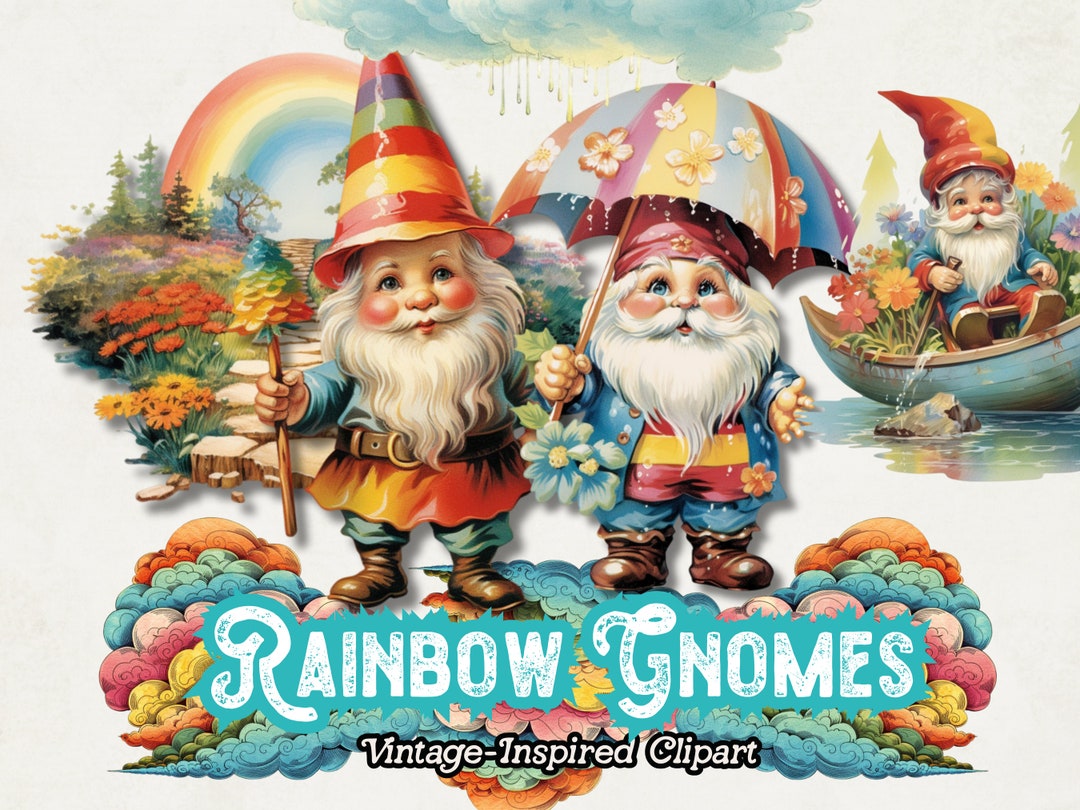 Rainbow Gnomes Clipart, Cute Gnome PNG, Rainbow Clipart, Floral and ...