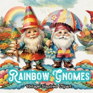 Rainbow Gnomes Clipart, Cute Gnome PNG, Rainbow Clipart, Floral and ...
