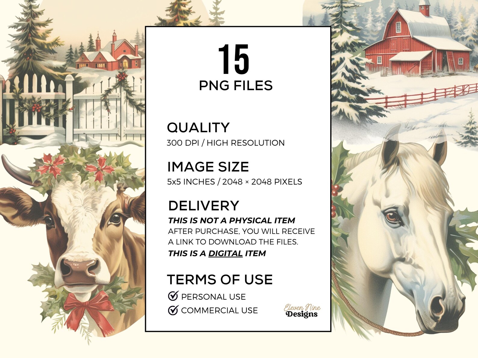 Vintage Christmas Farm Clipart, Christmas Farm Animal PNG, Farmhouse ...
