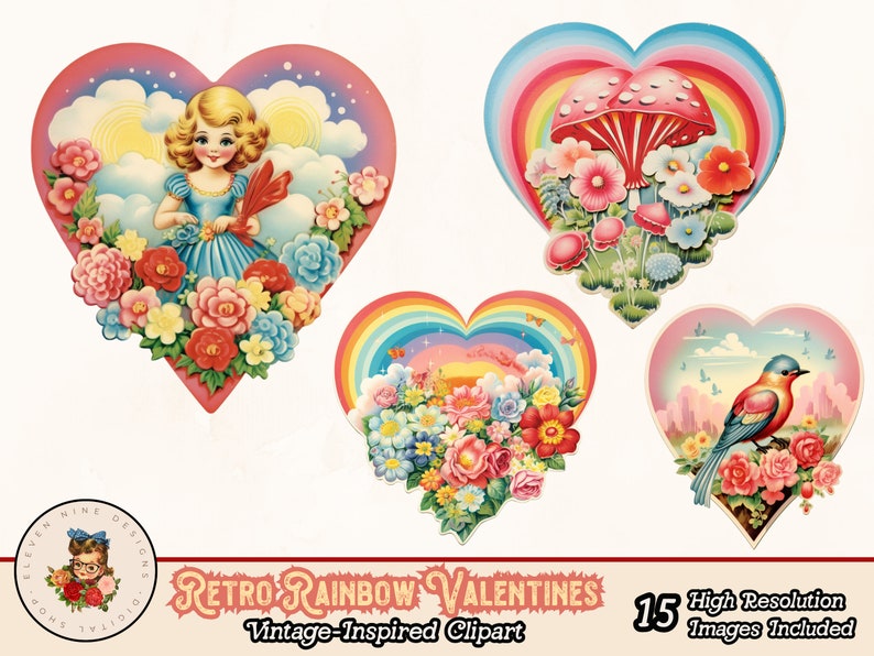 Retro Rainbow Valentines Clipart, Heart Illustrations (PNG, Digital ...