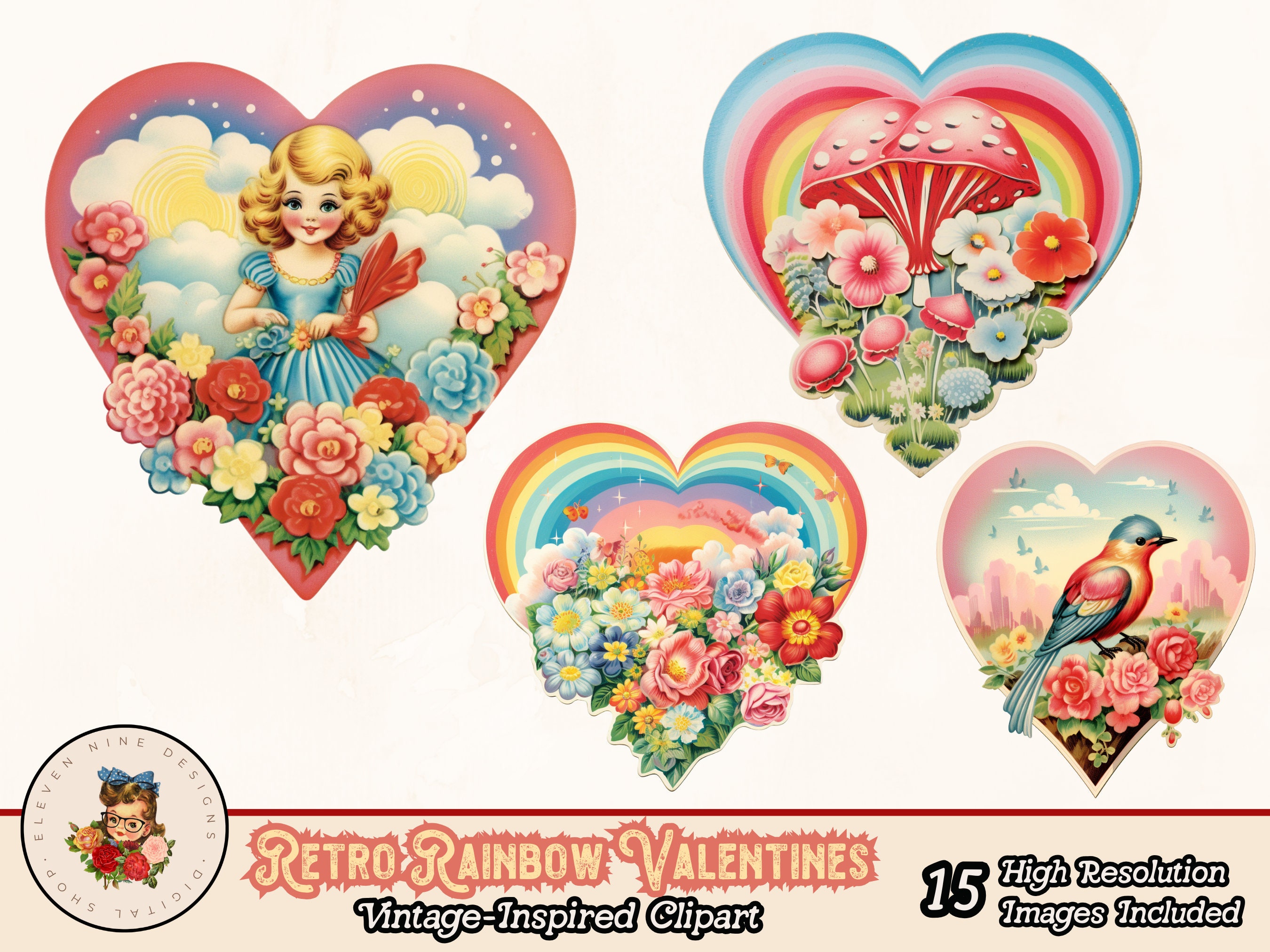 Retro Rainbow Valentines Clipart, Heart Illustrations (PNG, Digital ...