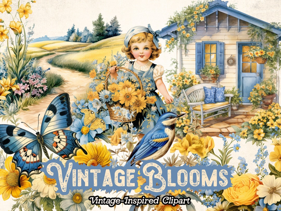 Vintage Floral Clipart, Yellow and Blue Flowers, Vintage Garden ...