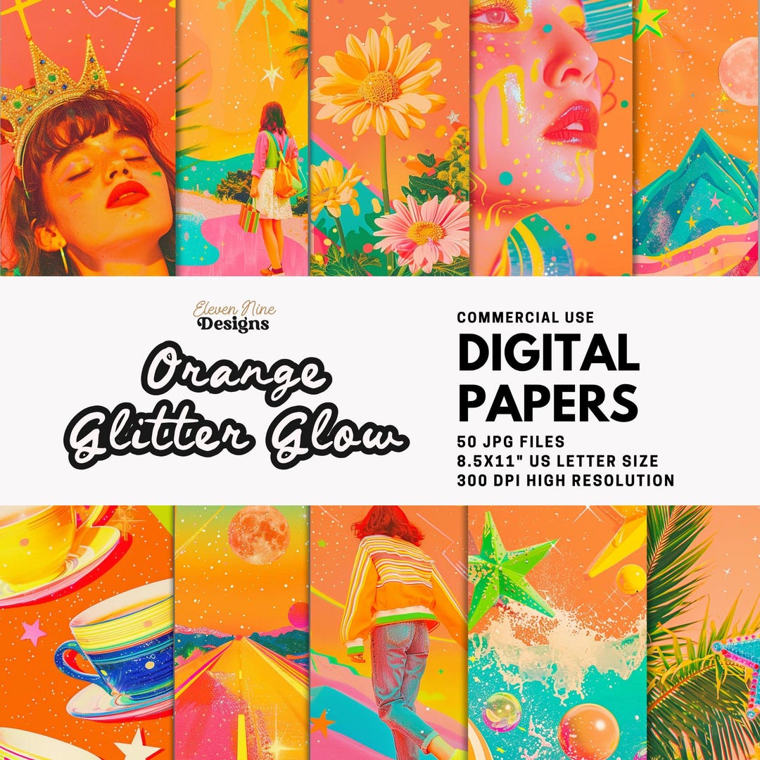 Orange Digital Paper, Retro Neon Collage, Glitter Glow Scrapbook ...
