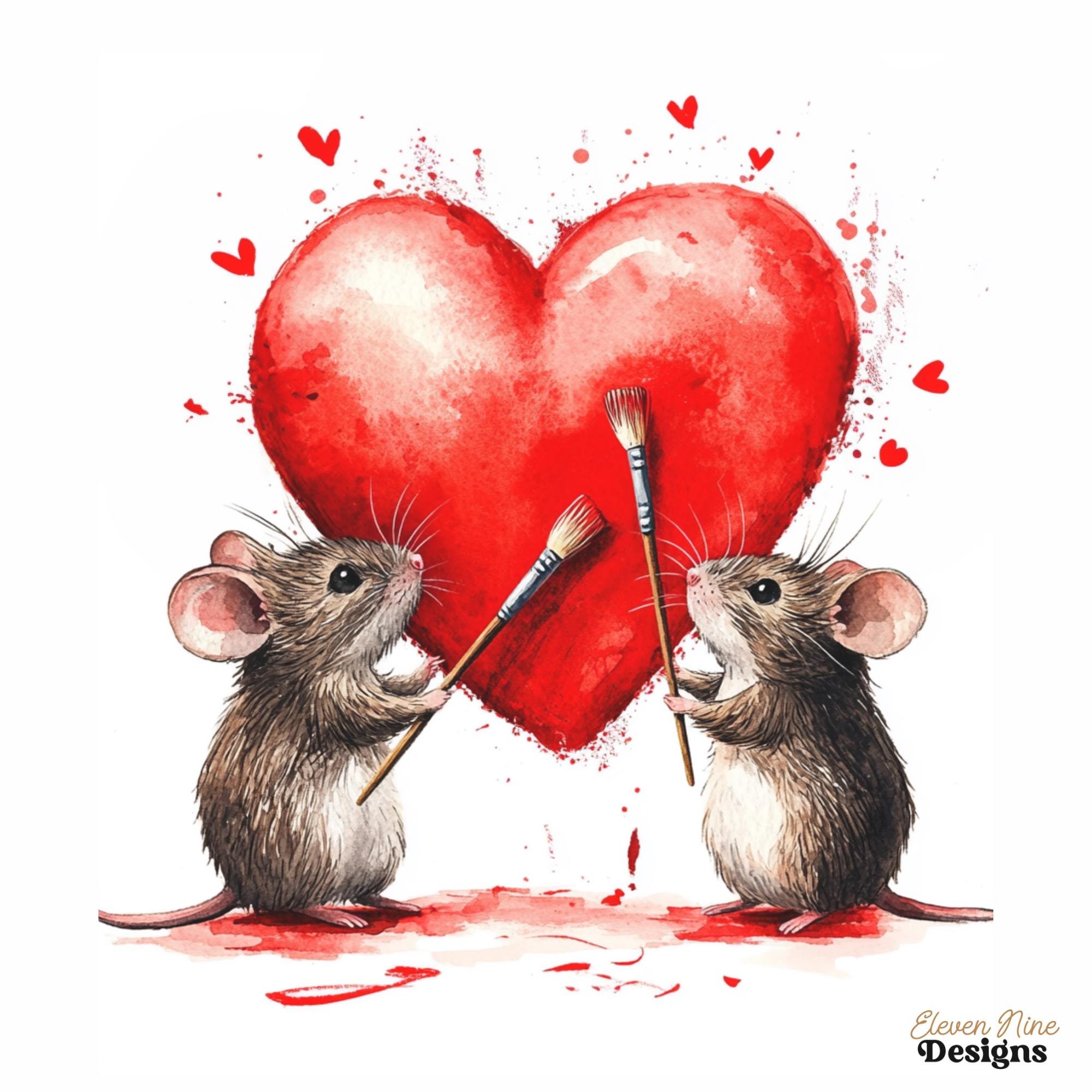 Valentine Mice Clipart JPG, Watercolor Mouse Illustrations, Cute ...