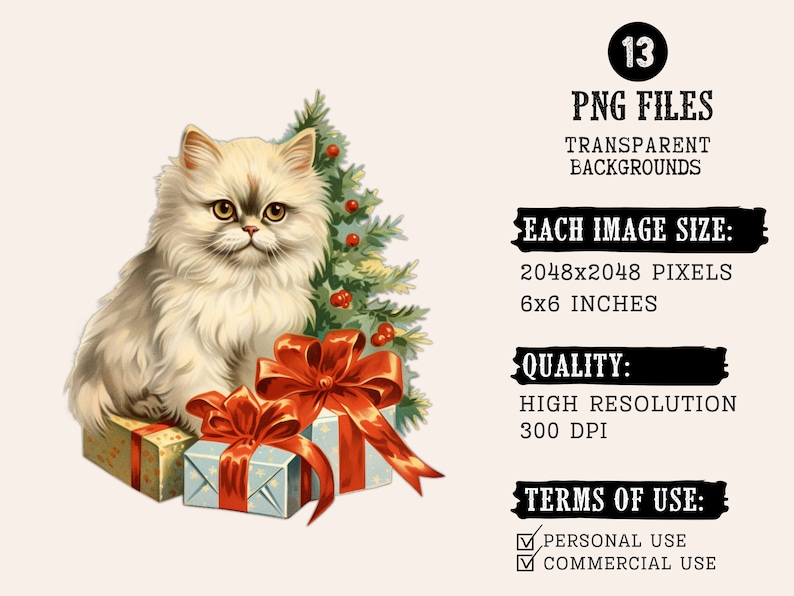 Christmas Cat Clipart, Kitten PNG, Vintage Christmas Clipart, Cute Cats ...