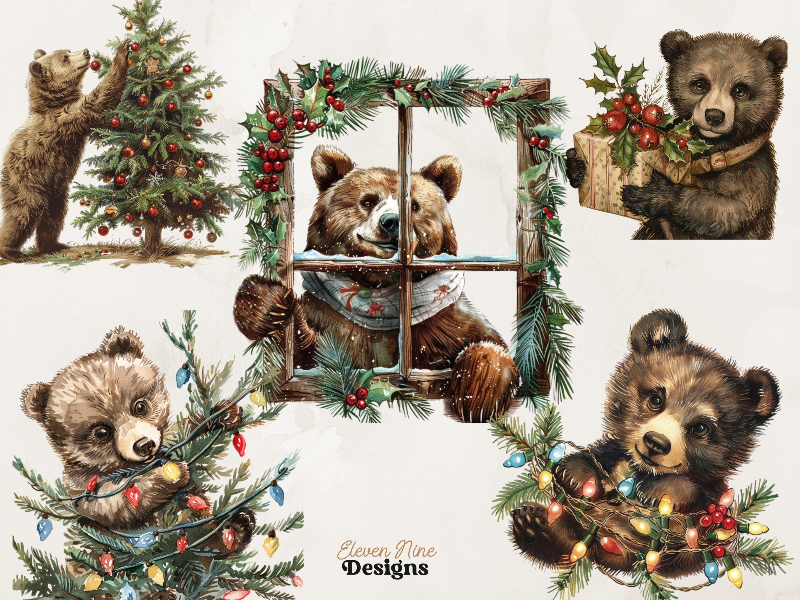Vintage Christmas Bears Clipart, Retro Holiday Animal Pngs, Cozy Winter ...