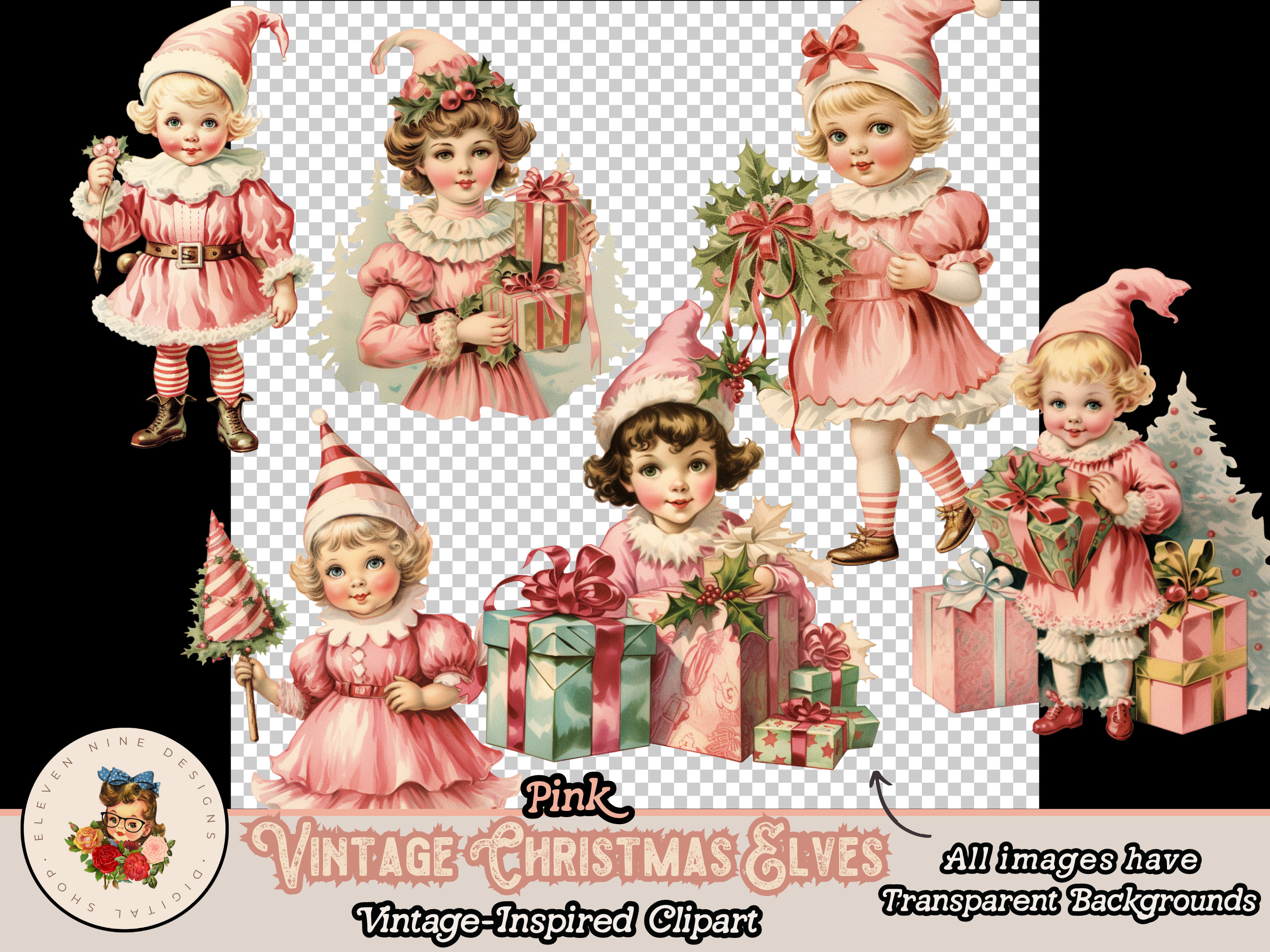Pink Christmas Elf Clipart, Vintage Pink Christmas PNG, Pink Elves ...