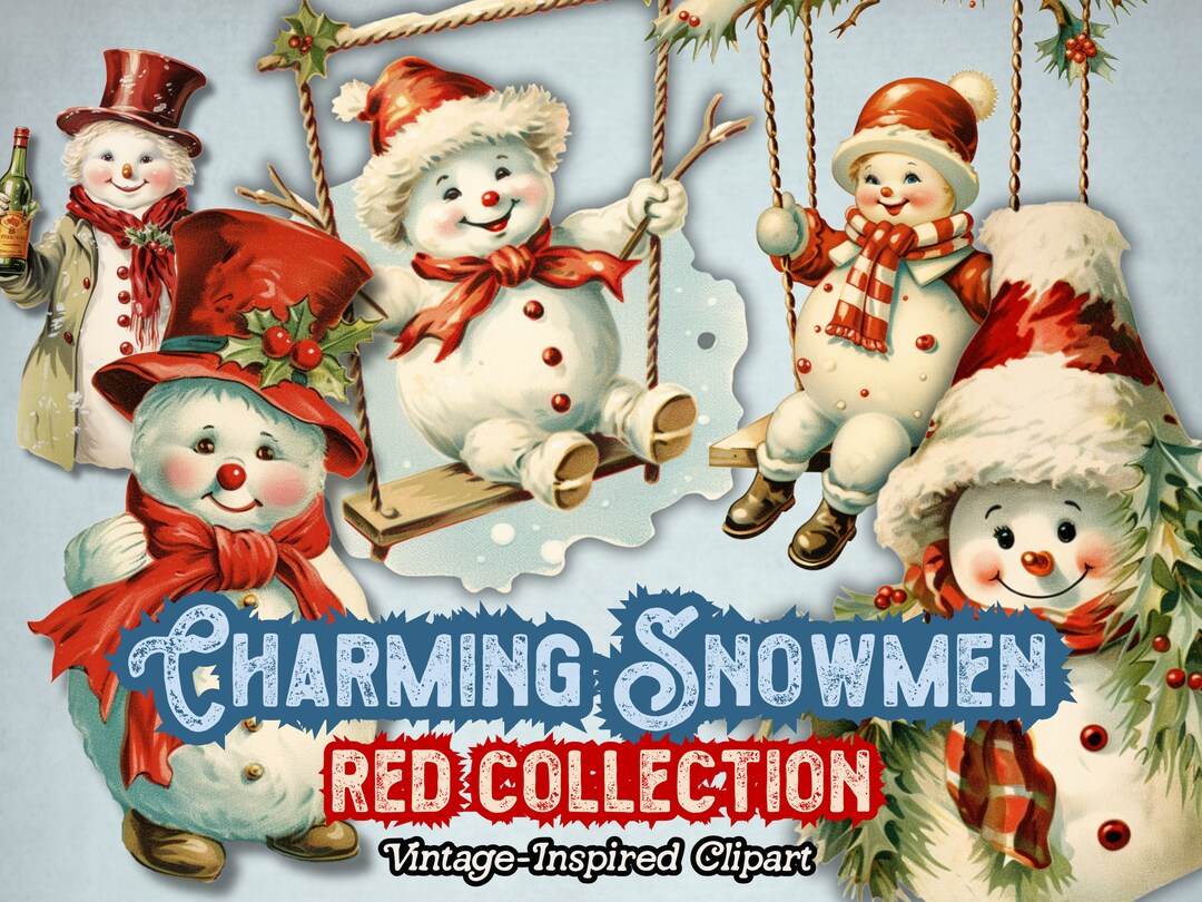 Cute Snowman Digital Clipart, Christmas Snowmen Clipart PNG, Vintage ...