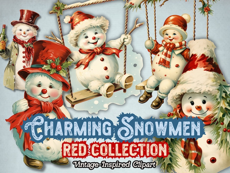Cute Snowman Digital Clipart, Christmas Snowmen Clipart PNG, Vintage ...