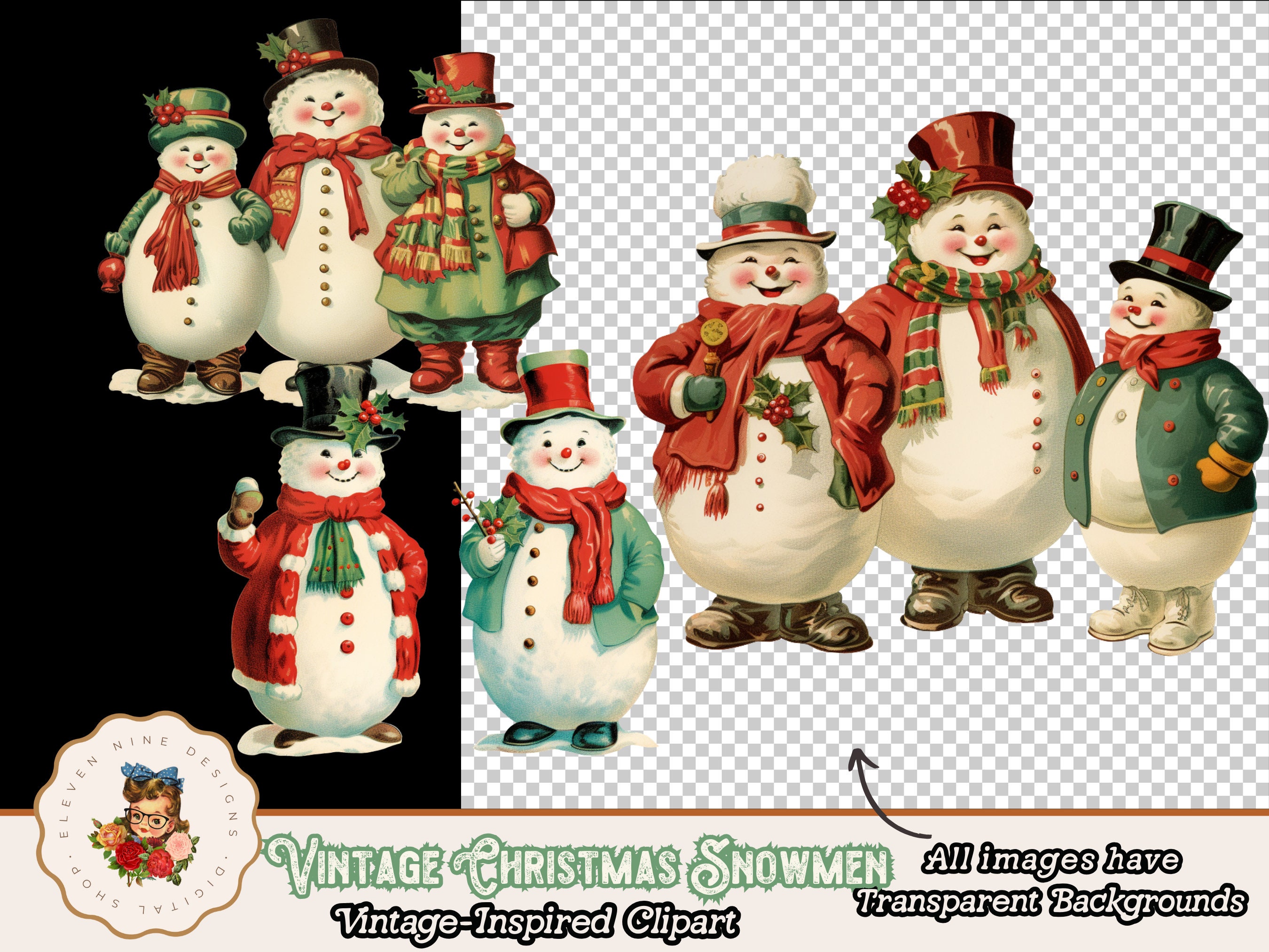 Christmas Snowmen Digital Clipart, Cute Snowmen Clipart PNG, Vintage ...