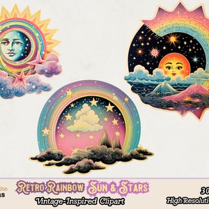 Retro Rainbow Clipart PNG, Sun and Stars Clipart, Celestial Clipart ...