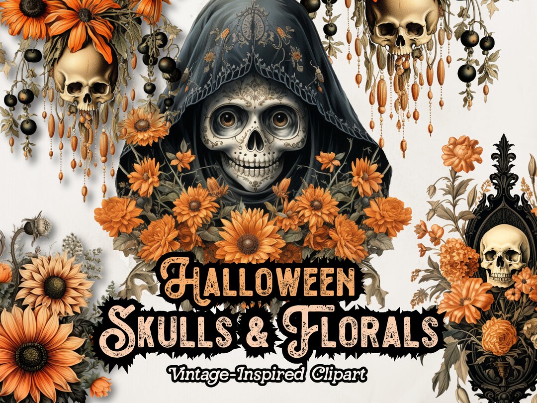 Floral Skull PNG Clipart, Orange Flowers Halloween Clipart, Gothic ...