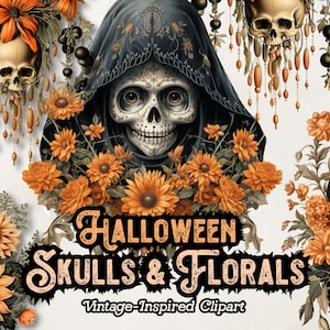 Floral Skull PNG Clipart, Orange Flowers Halloween Clipart, Gothic ...