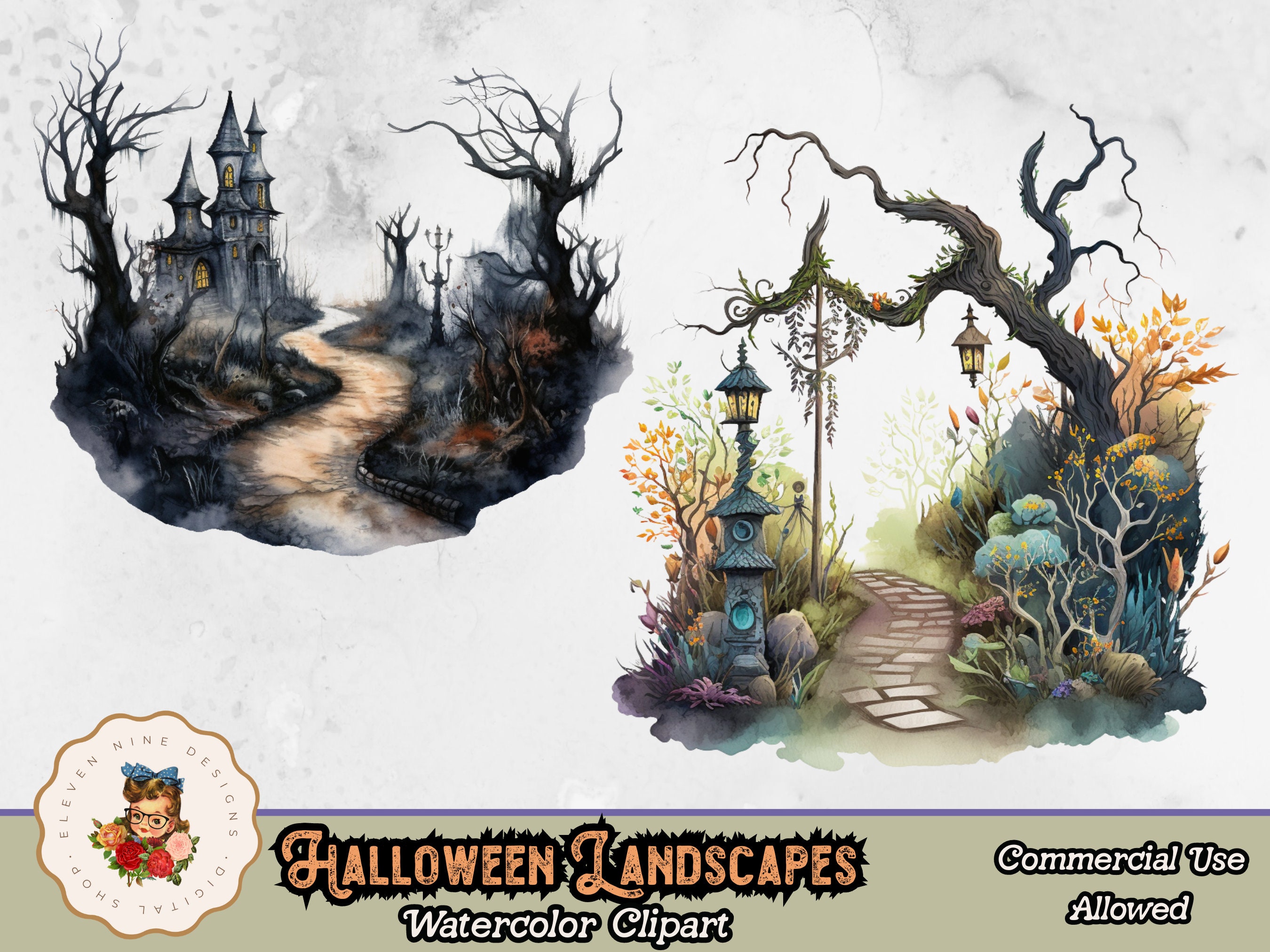 Watercolor Halloween Landscape Clipart, Halloween PNG, Commercial Use ...
