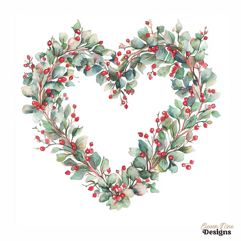 Christmas Floral Heart Wreaths, Watercolor Holiday Clipart, Poinsettia ...