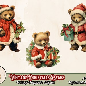 Christmas Bear Clipart, Teddy Bear PNG, Vintage Christmas Clipart, Cute ...