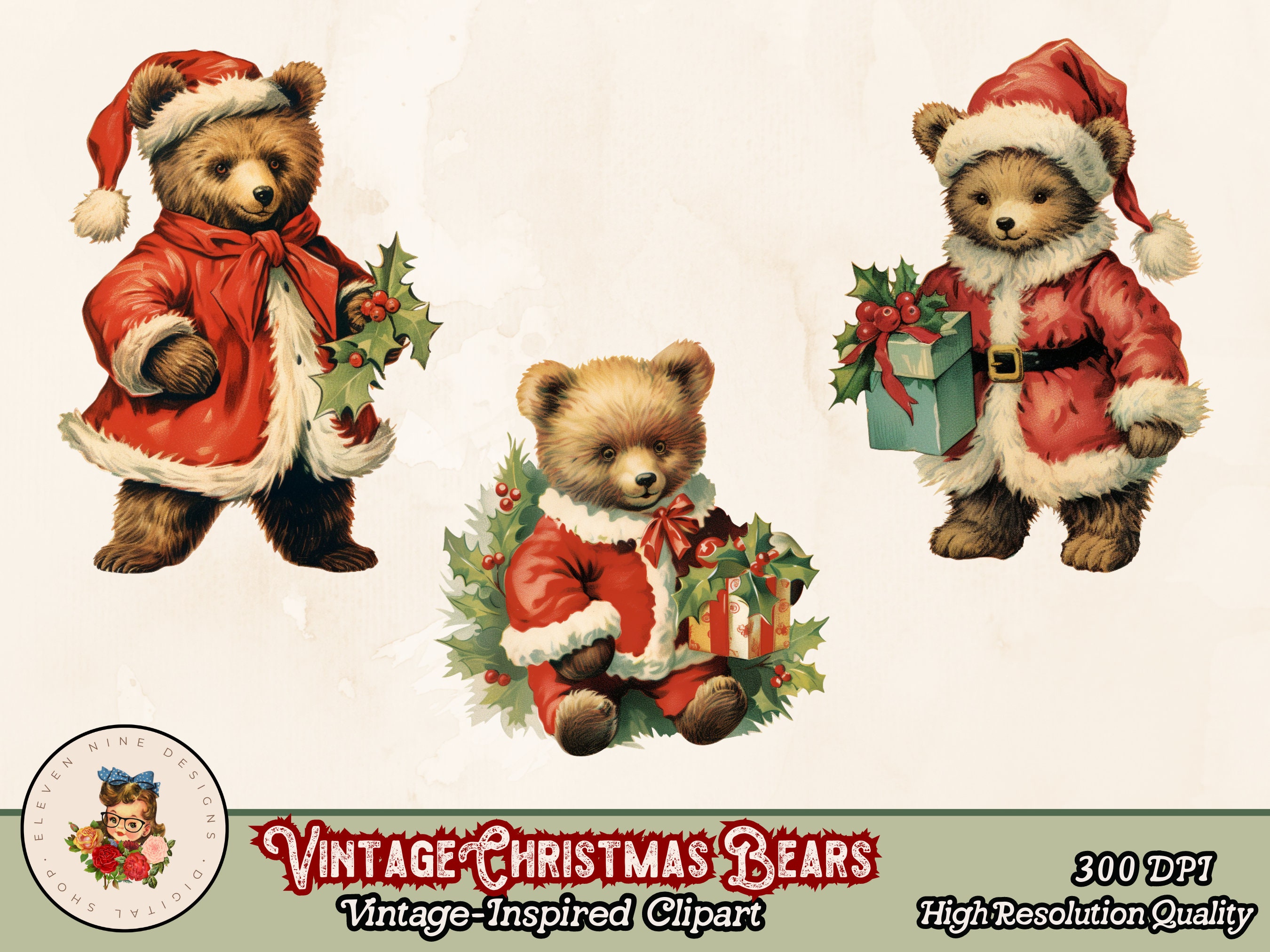 Christmas Bear Clipart, Teddy Bear PNG, Vintage Christmas Clipart, Cute ...