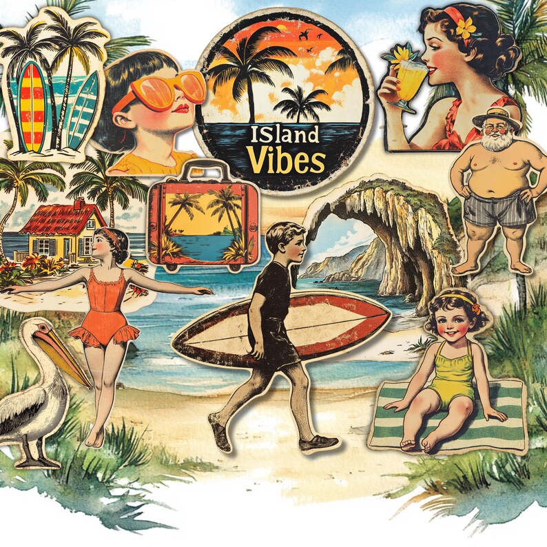 Retro Beach Clipart, Vacation Theme Graphics, Vintage Beach ...