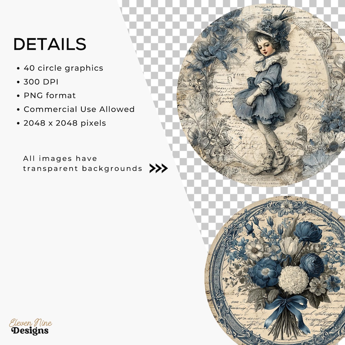 Victorian Blue PNG, Vintage Blue Ephemera Circles, Blue Junk Journal ...