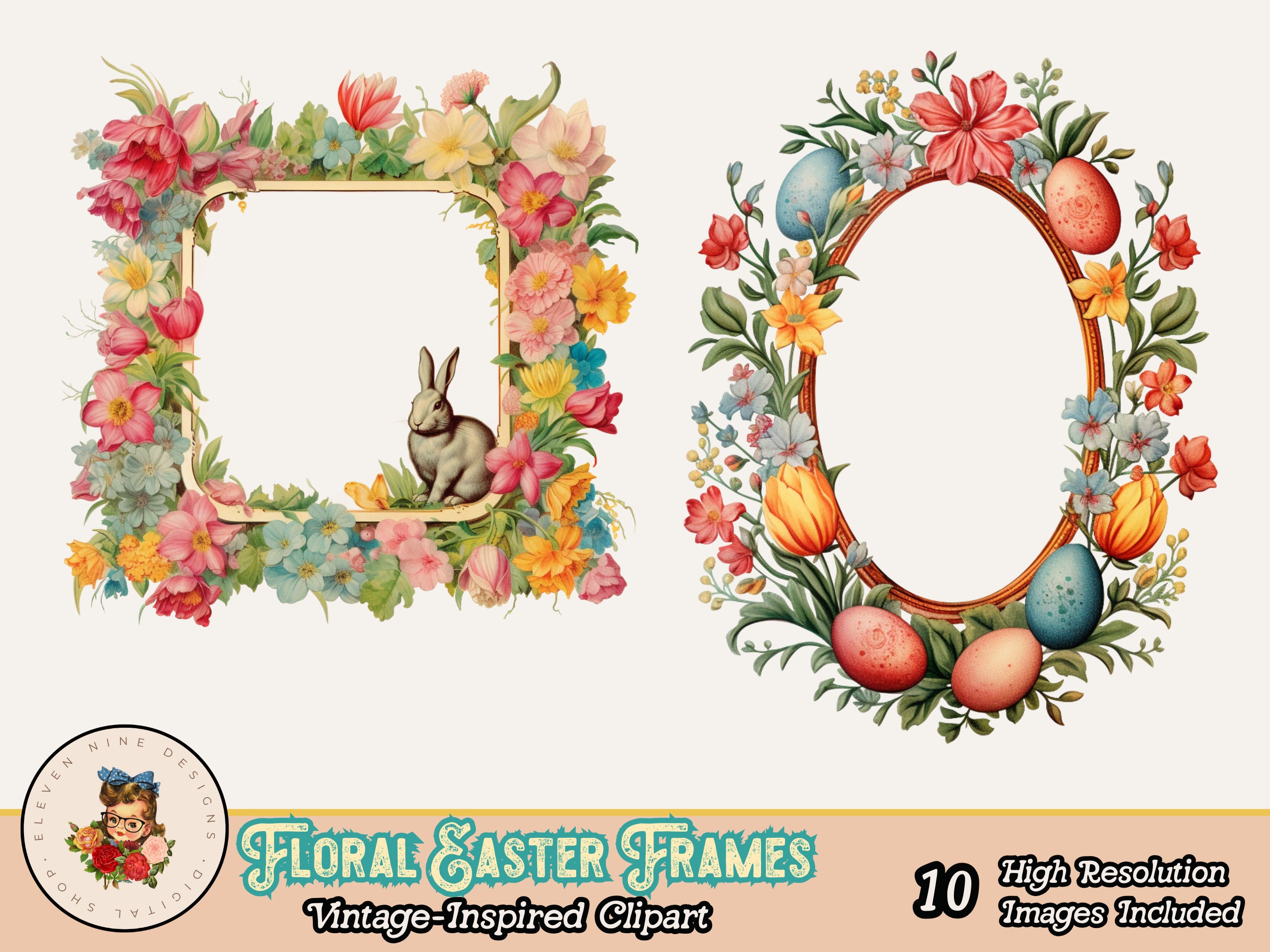 Floral Easter Frame Clipart, Easter Flowers PNG, Vintage Easter Clipart ...