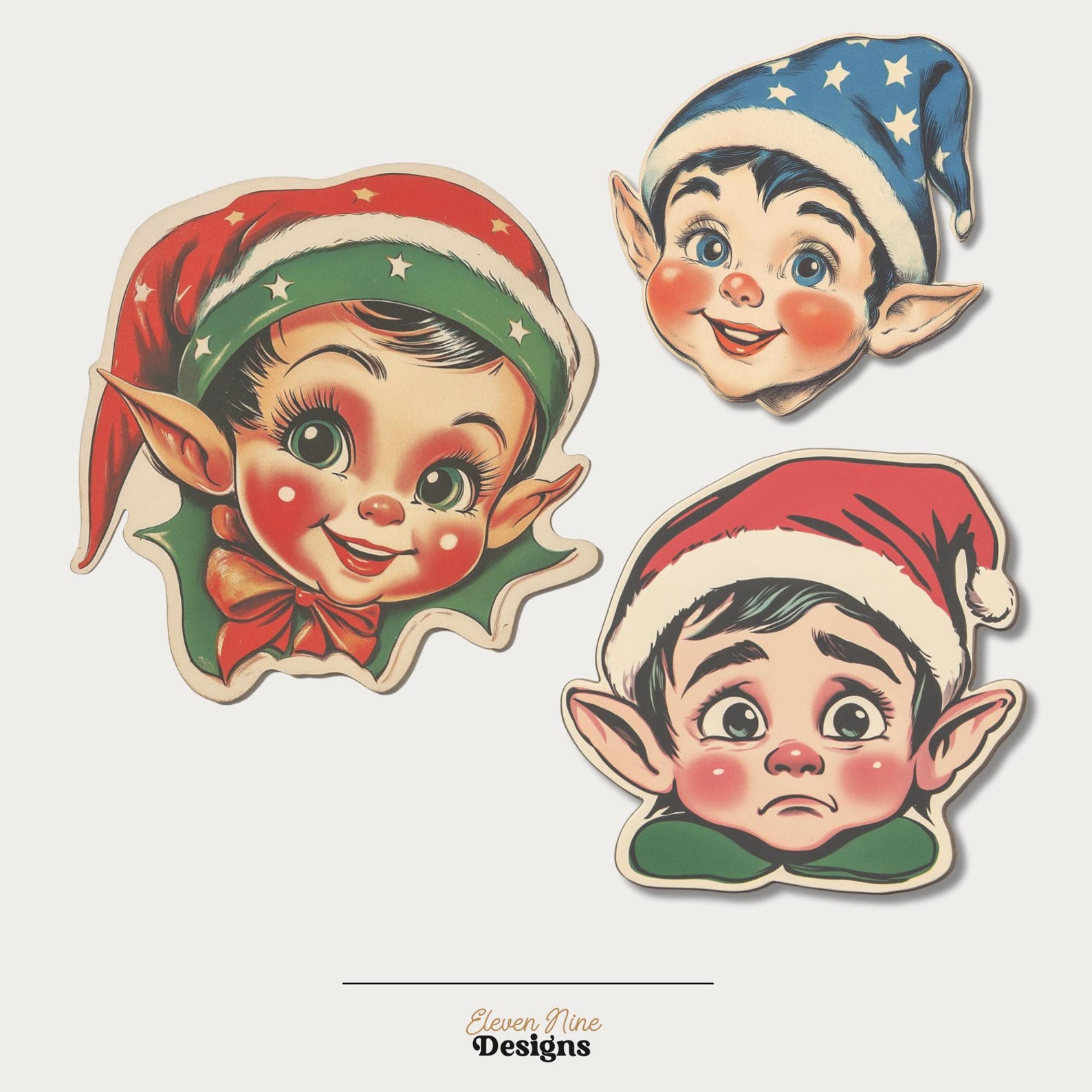 Vintage Christmas Elf Faces PNG Clipart, Elf Doll Heads Graphics, Retro ...