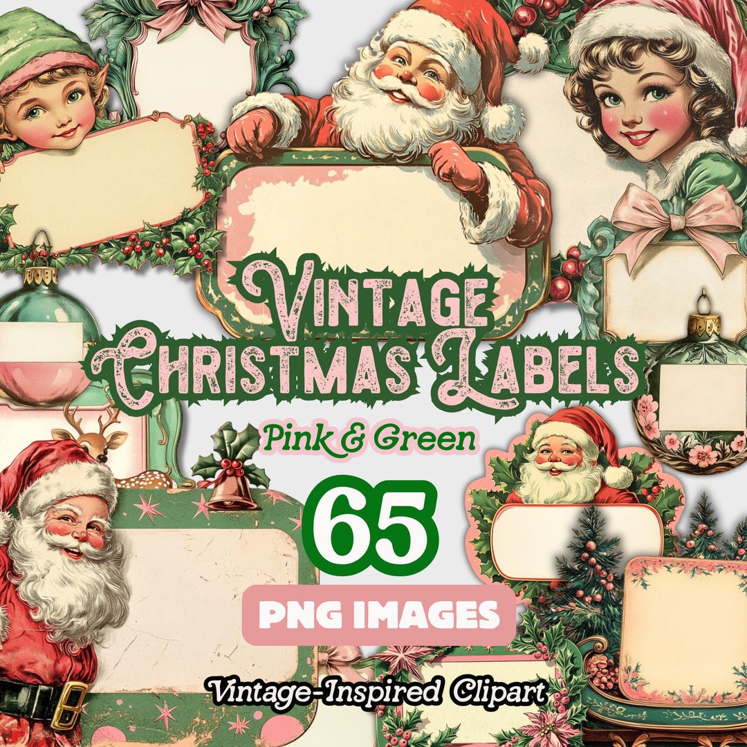 Retro Pink Green Christmas Labels Clipart, Gift Tag Clipart, Digital ...